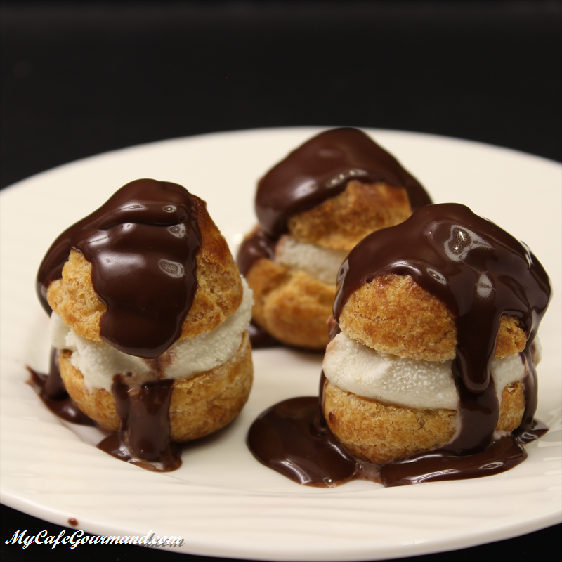 Profiteroles With Vanilla Ice Cream And Chocolate Sauce - My Café Gourmand